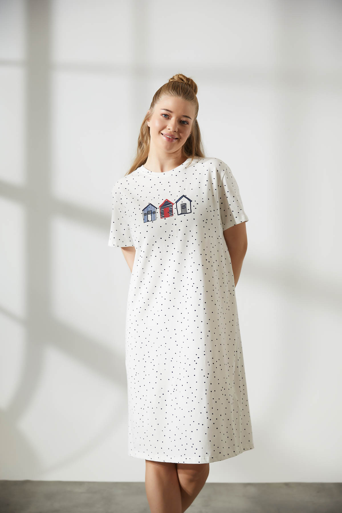 Kadın Plus Size Pamuklu Kısa Kollu Gecelik - 36478 Lacivert Puantiyeli ...