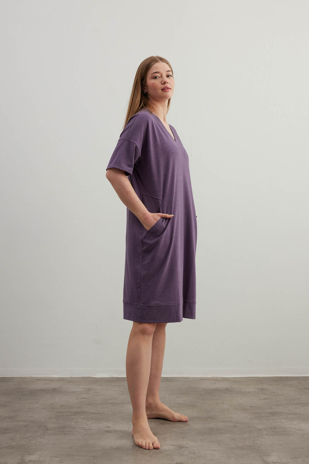 Kadın Plus Size Pamuklu Kısa Kollu V Yaka Cepli Gecelik - 40391 Mor ...