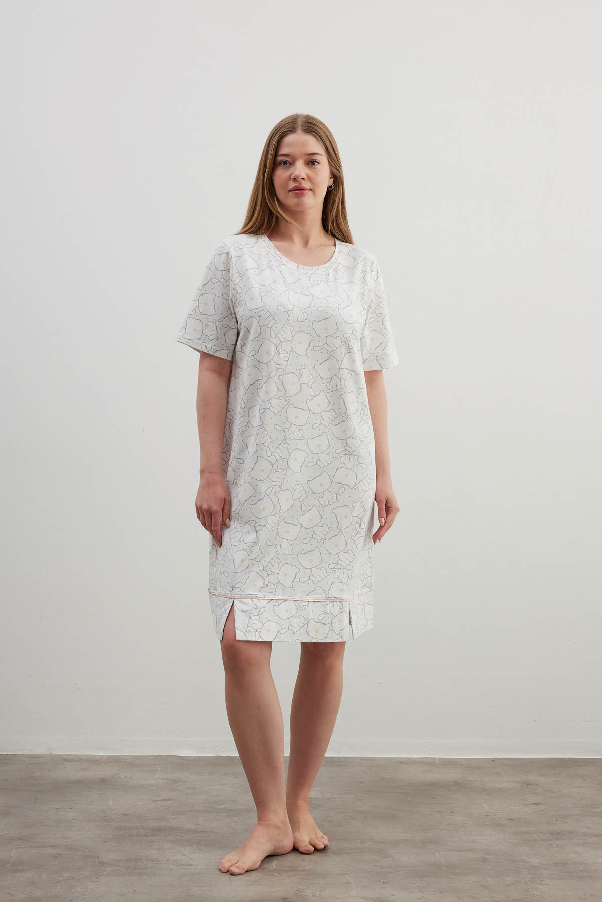 Kadın Plus Size Pamuklu Kısa Kollu Gecelik - 40183 Gri Baskılı | Rahat ...